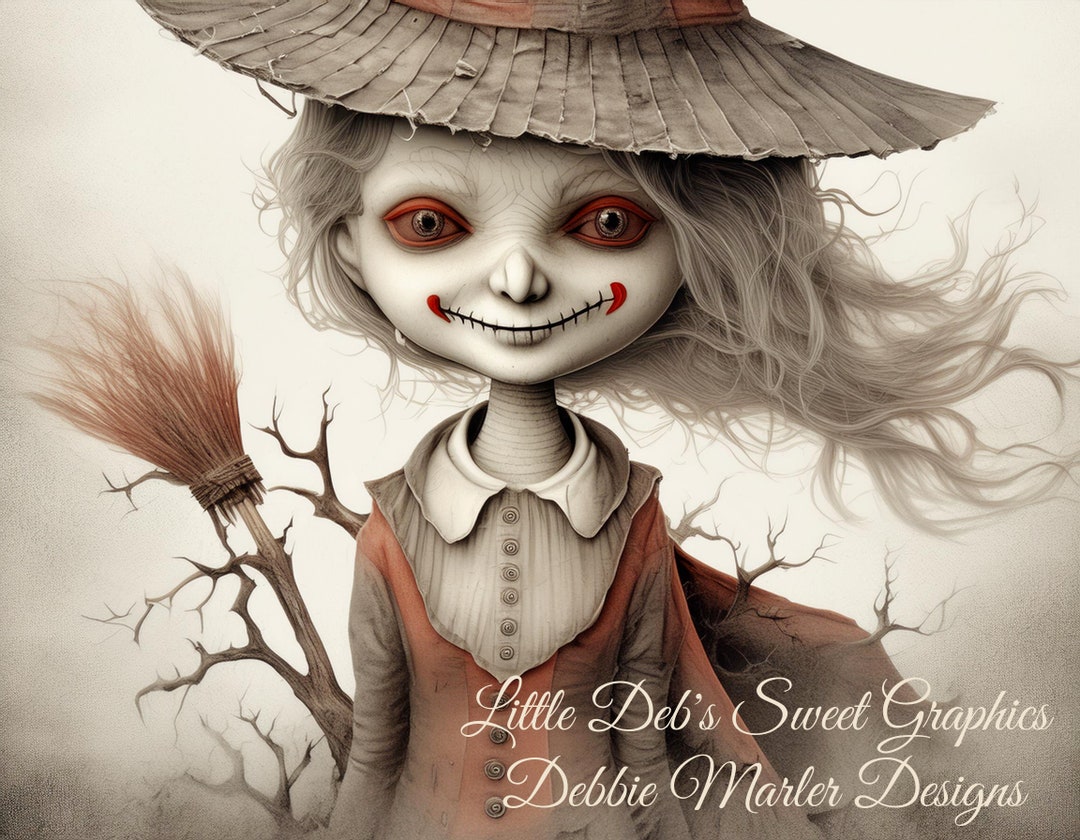 Canvas 20 Whimsical Creepy Doll Broom Witch Print Gothic Horror Cute ...