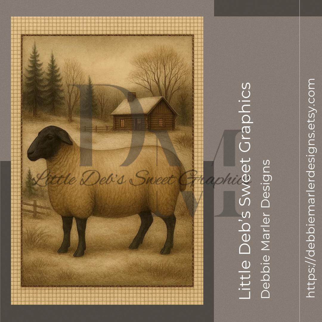 Primitive Farmhouse Folk Art Sheep & Log Cabin - Winter Scene - Art ...