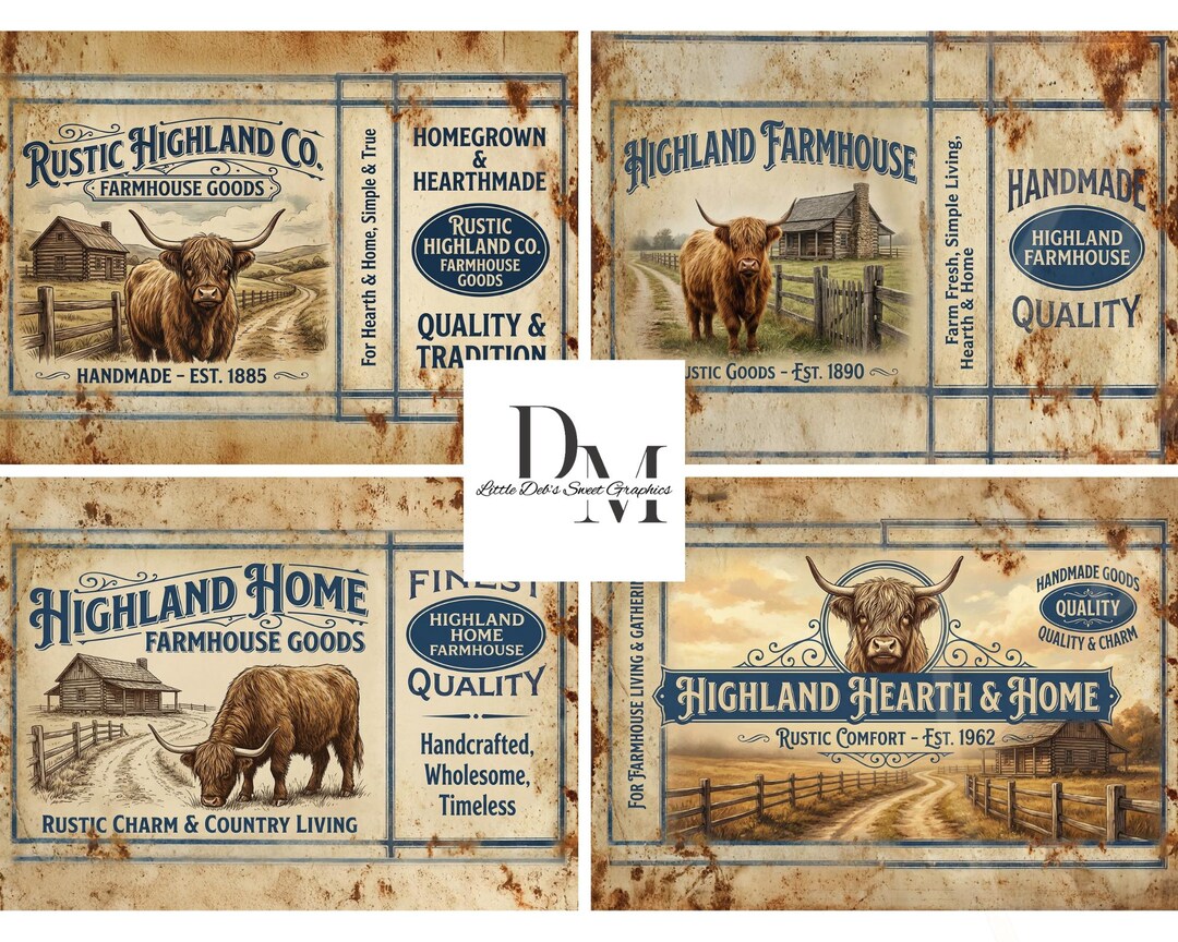 Primitive Farmhouse Rustic Highland Cow Labels - Grungy Country Pantry ...