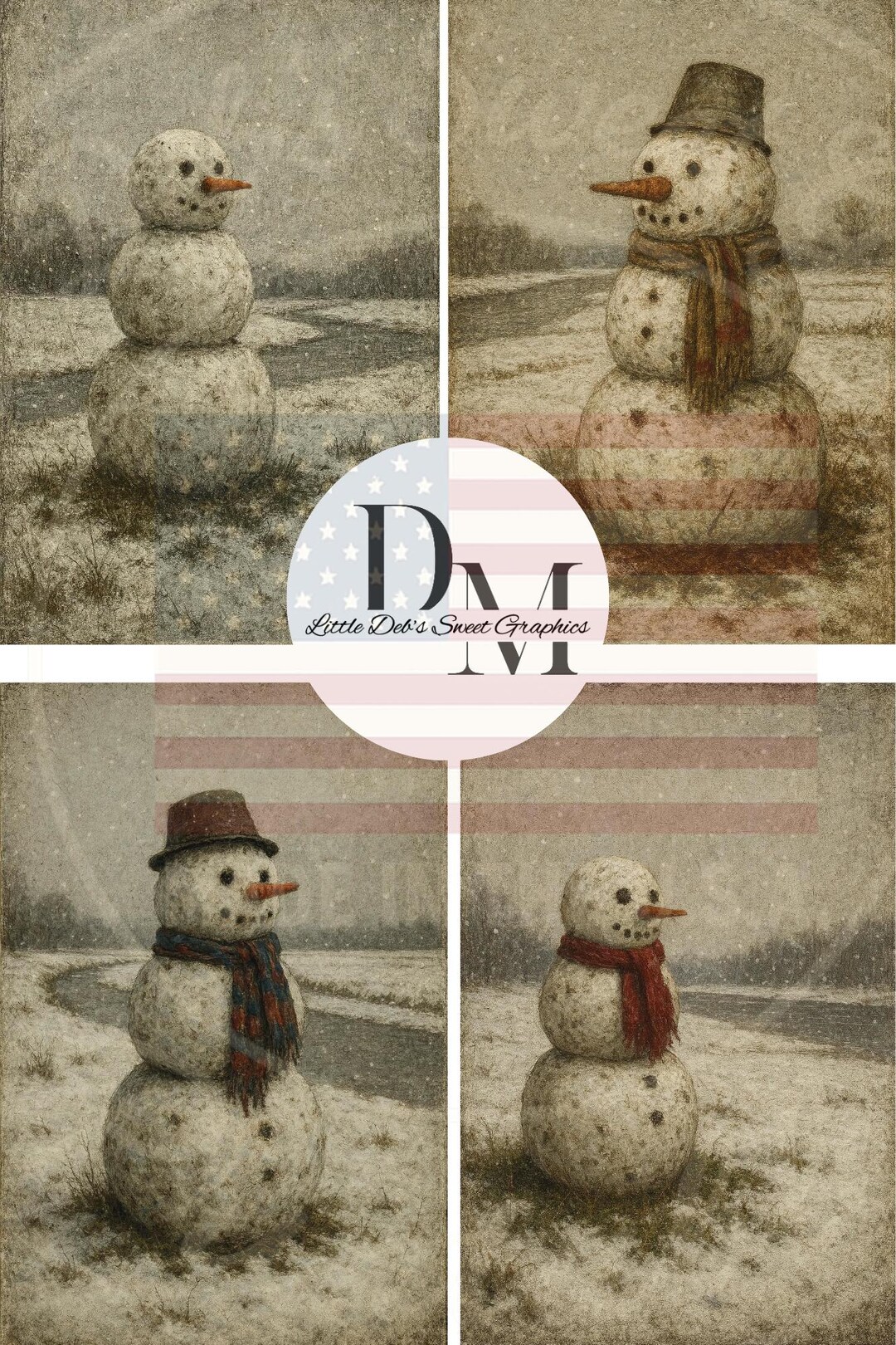 Primitive Farmhouse Grungy Snowman Bucket Hat & Scarf - Frozen Lake ...