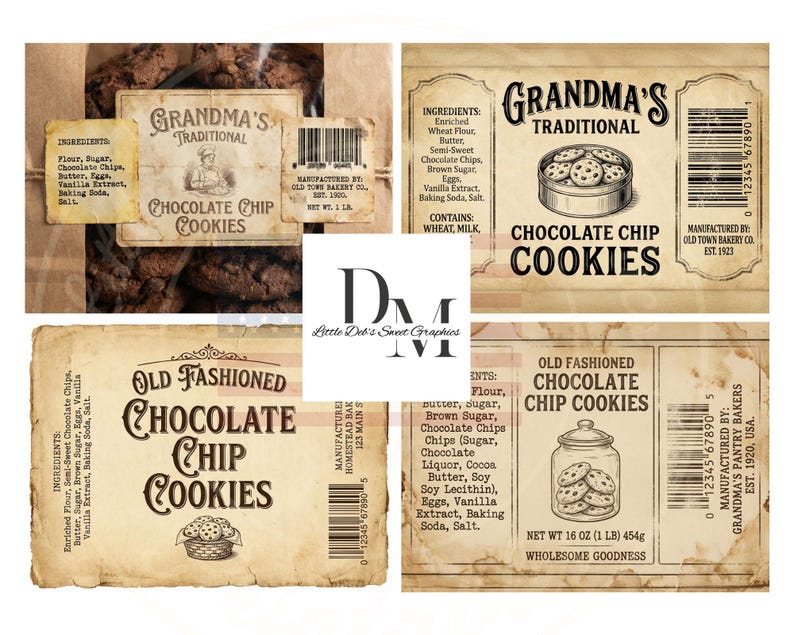 Primitive Farmhouse Chocolate Chip Cookies Bakery Labels - Tin Can, Jar ...