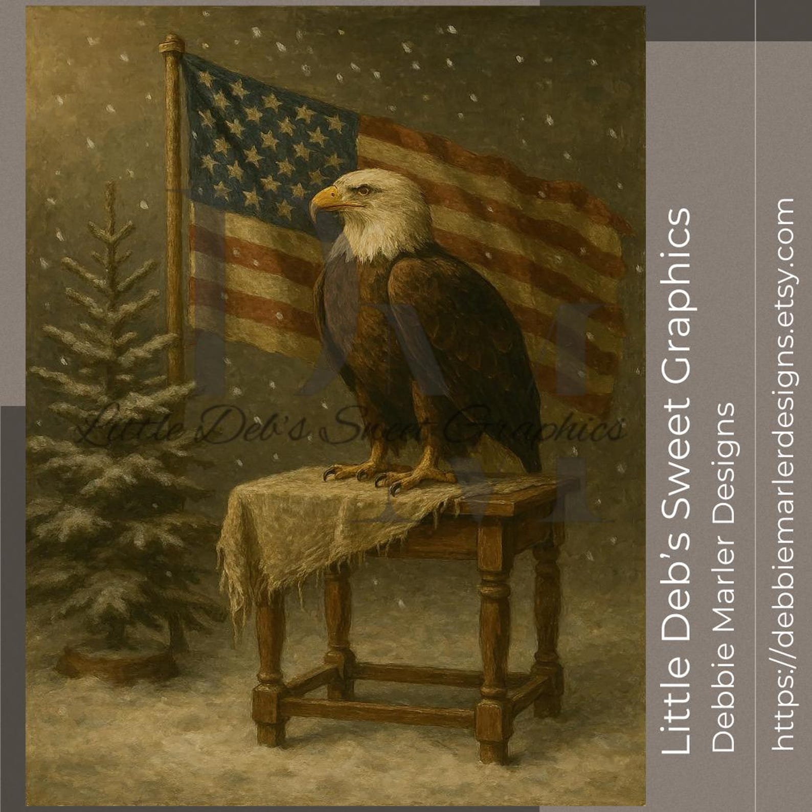 Primitive Winter American Flag & Bald Eagle Portrait Art Print 11x14 ...