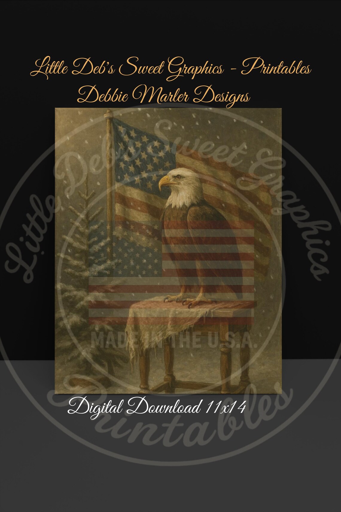 Primitive Winter American Flag & Bald Eagle Portrait Art Print 11x14 ...
