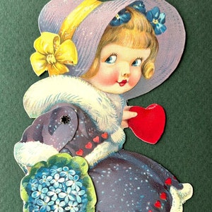 Vintage Mechanical Die Cut Valentine Little Girl With Bouquet of ...