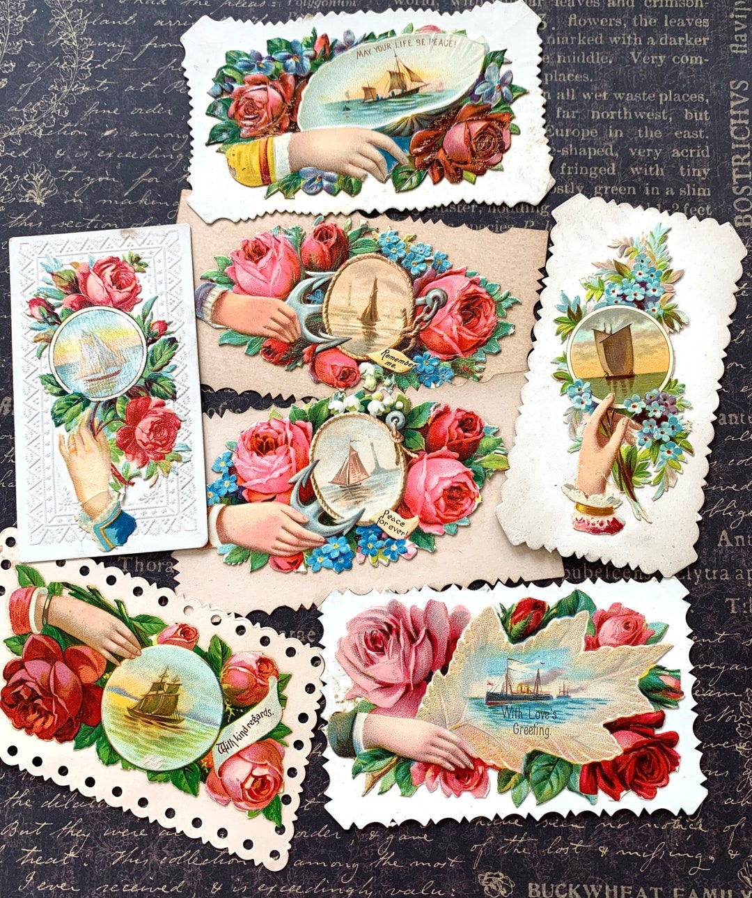 Sailboats Victorian Calling Cards Nautical Roses Forget Me Nots Violets ...