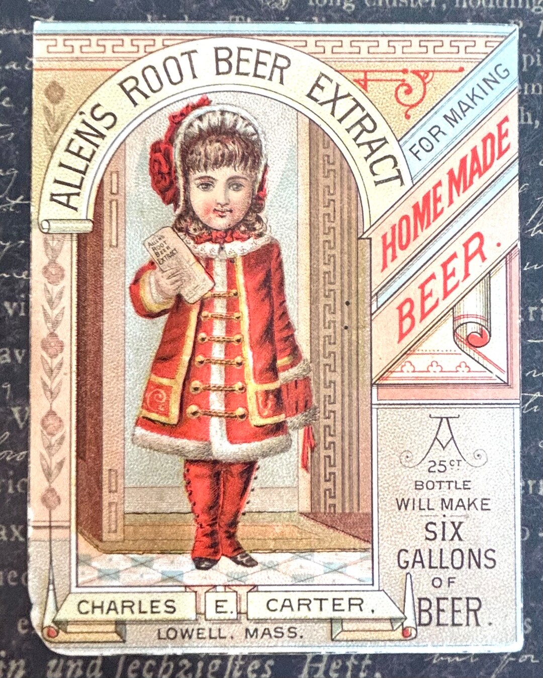 Victorian Trade Card Little Girl in Red Allens Root Beer Extract Lowell ...
