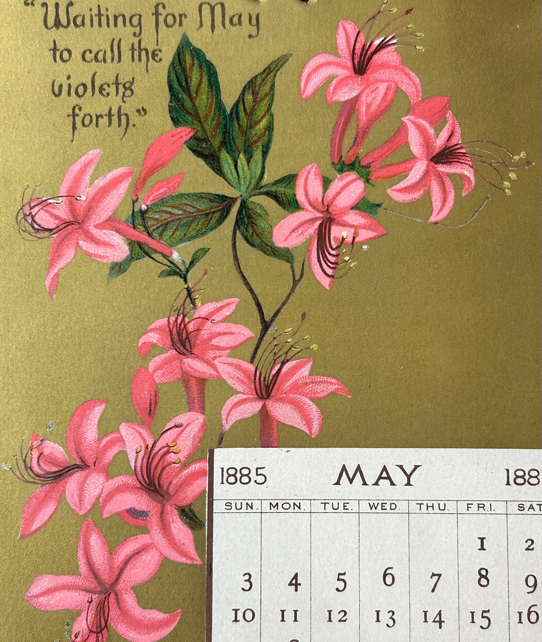 Antique Calendar Panel Spring Poem William Cullen Bryant Flowers Lilies ...