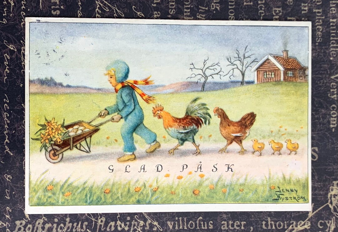 Swedish Easter Postcard Boy With Rooster Hen Chicks - Etsy