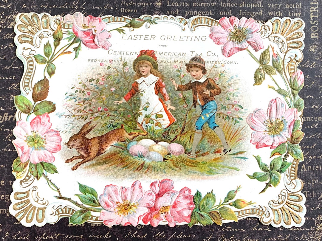 Large Victorian Easter Trade Card Children With Bunny Rabbit Eggs ...