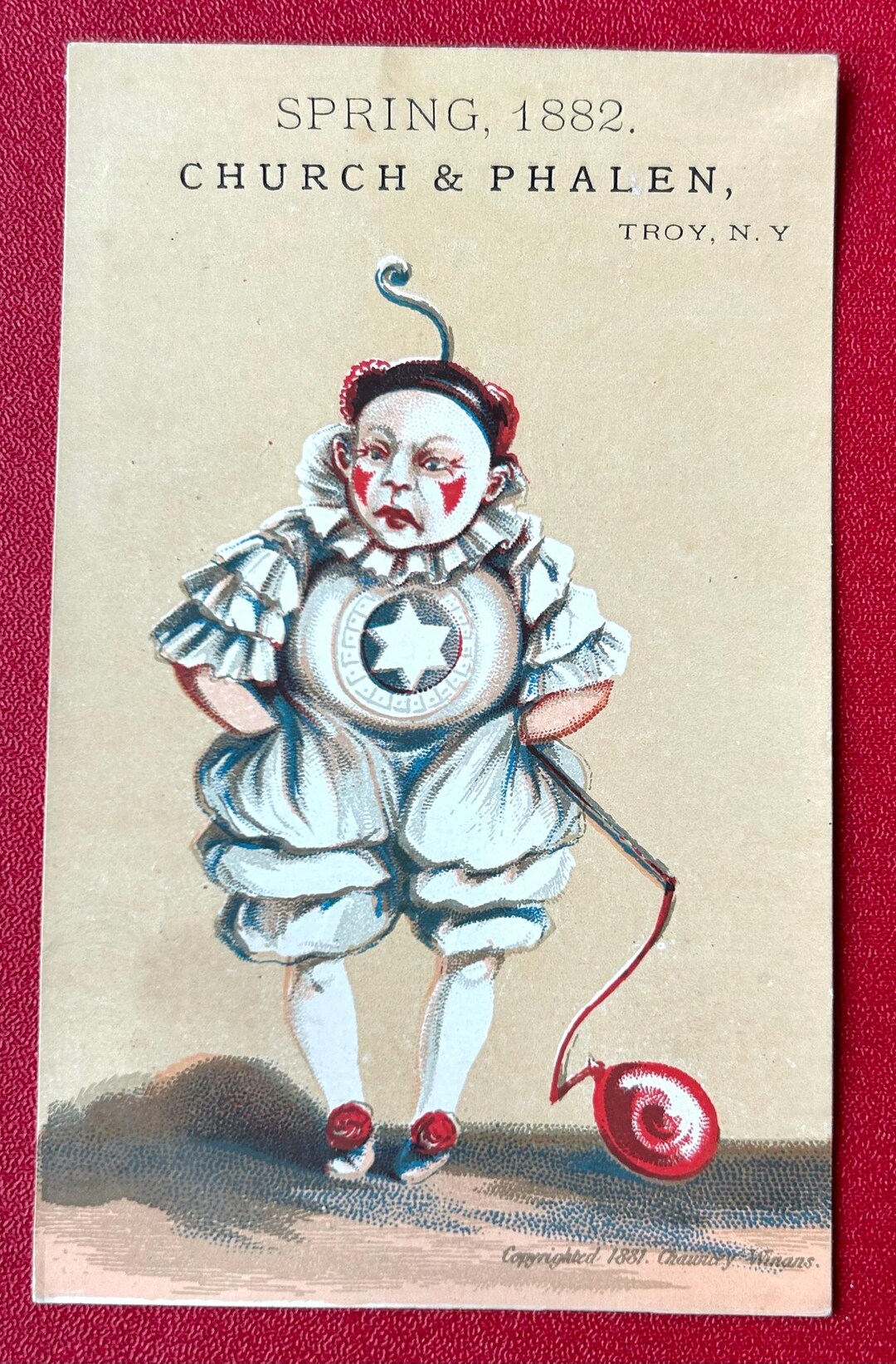 Victorian Trade Card Unique Clown Image Church & Phalen Dry Goods ...