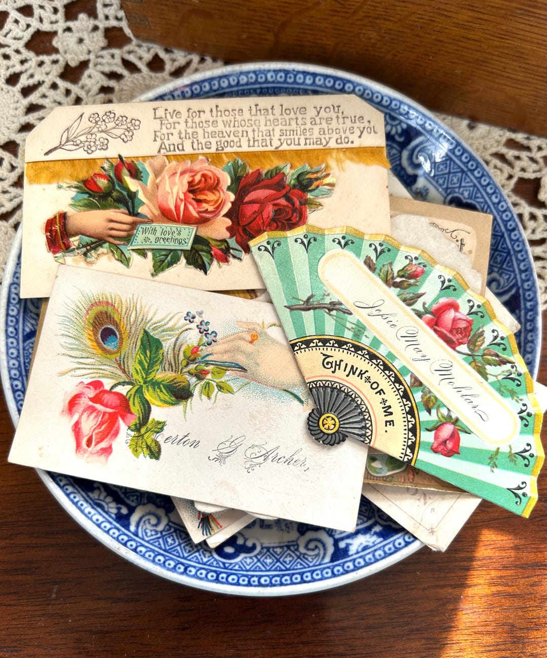 Victorian Antique Calling Cards Vintage Flower Floral Roses Peacock ...