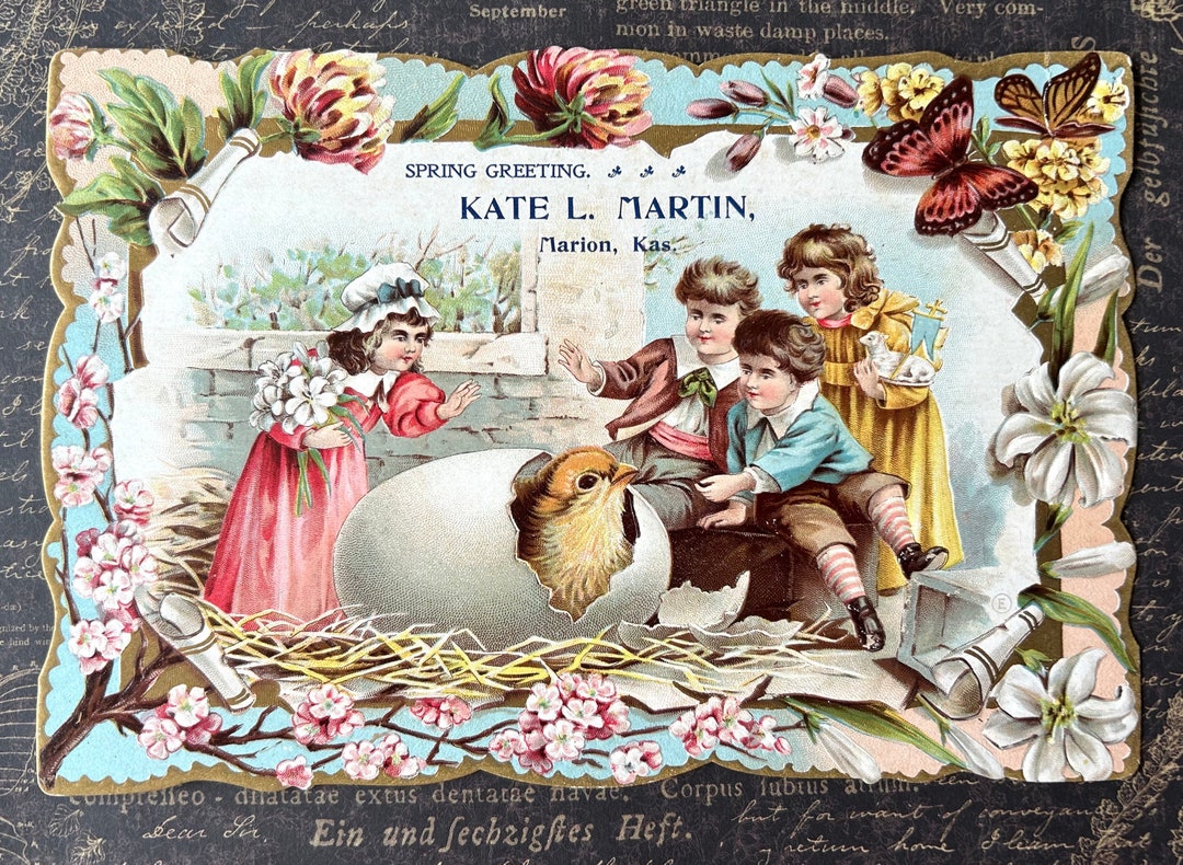 Large Victorian Easter Trade Card Children Chick Giant Egg Lady ...