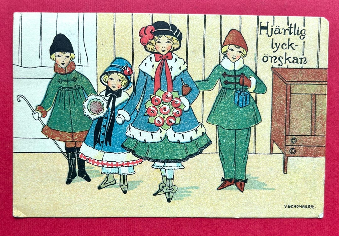 Swedish Postcard Artist Signed Schonberg Children Bring Flowers Art ...