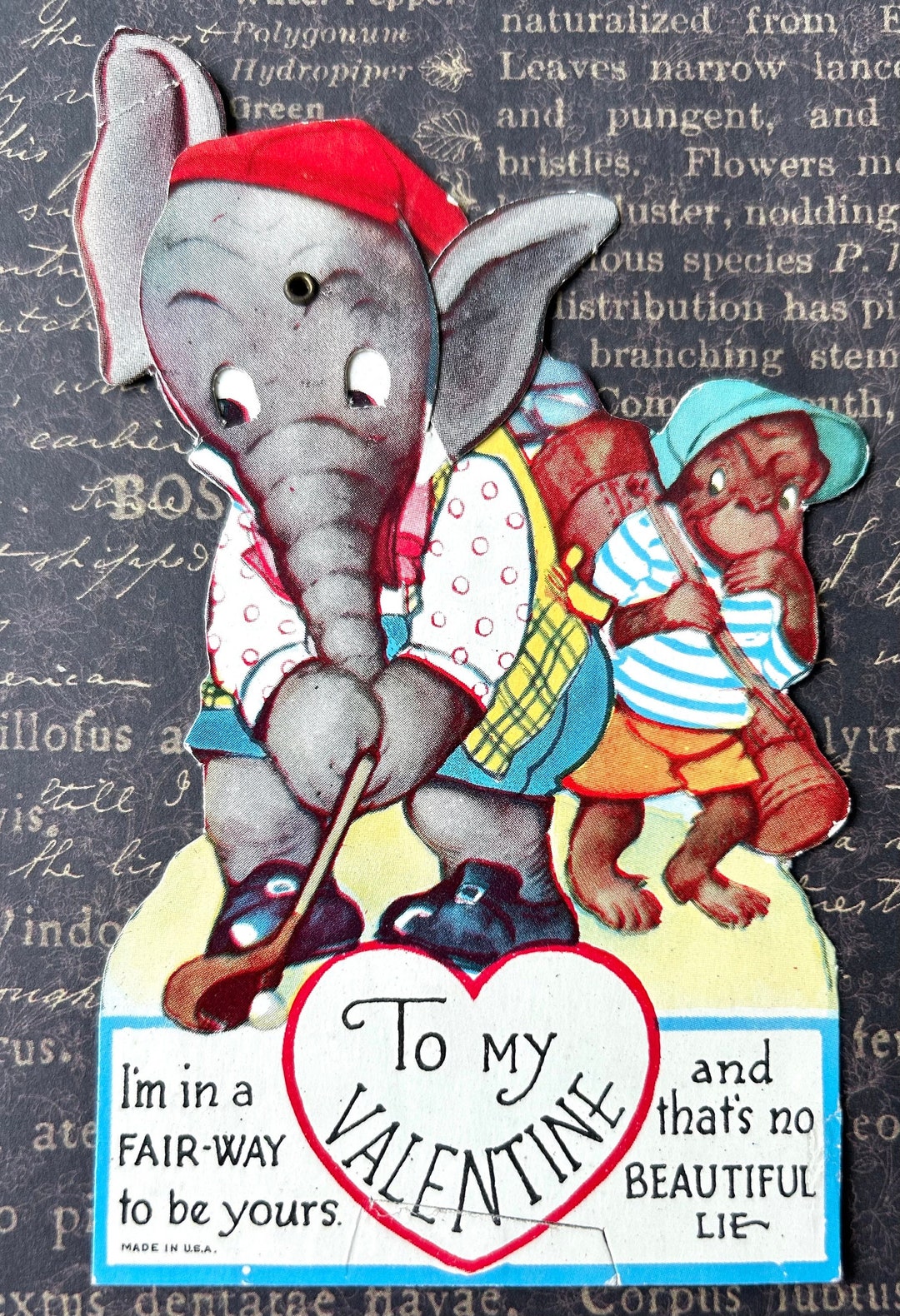 Vintage Mechanical Valentine Card Anthropomorphic Elephant Golfer ...