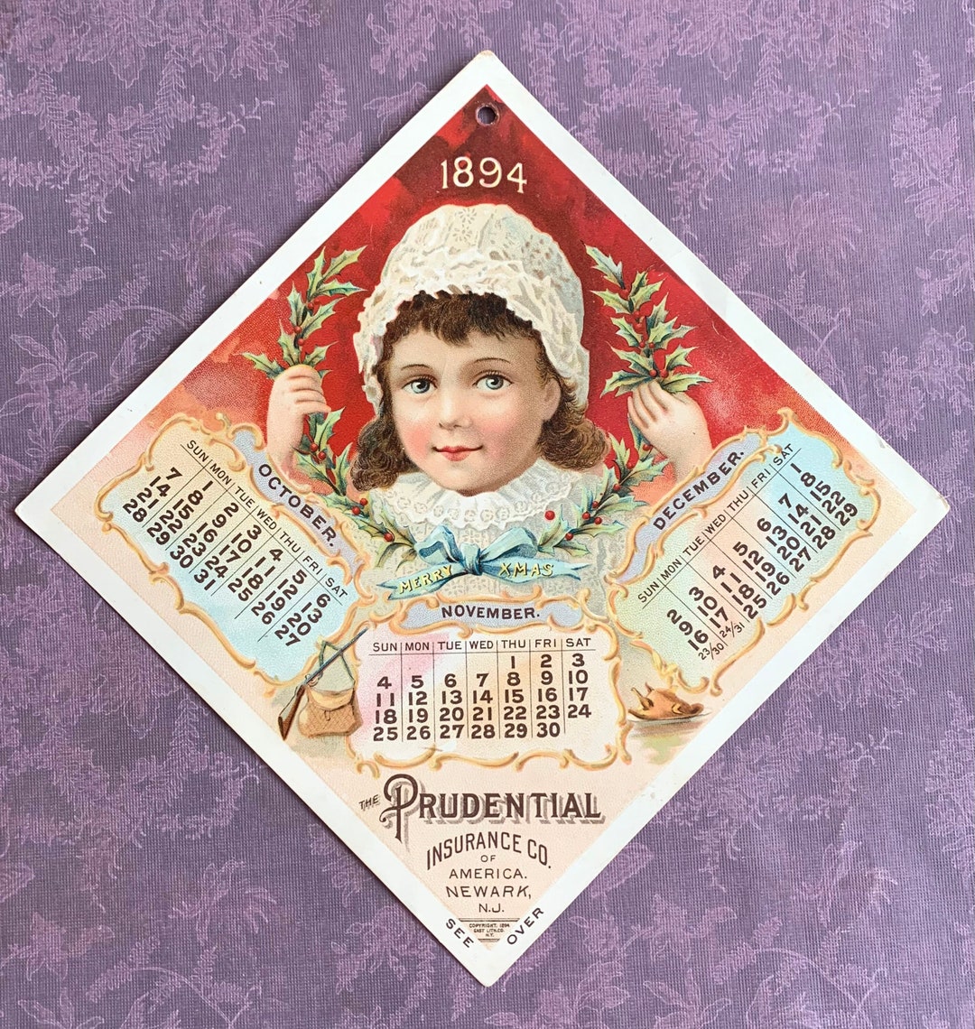 Victorian Trade Christmas Calendar Card Girl With Holly Prudential ...