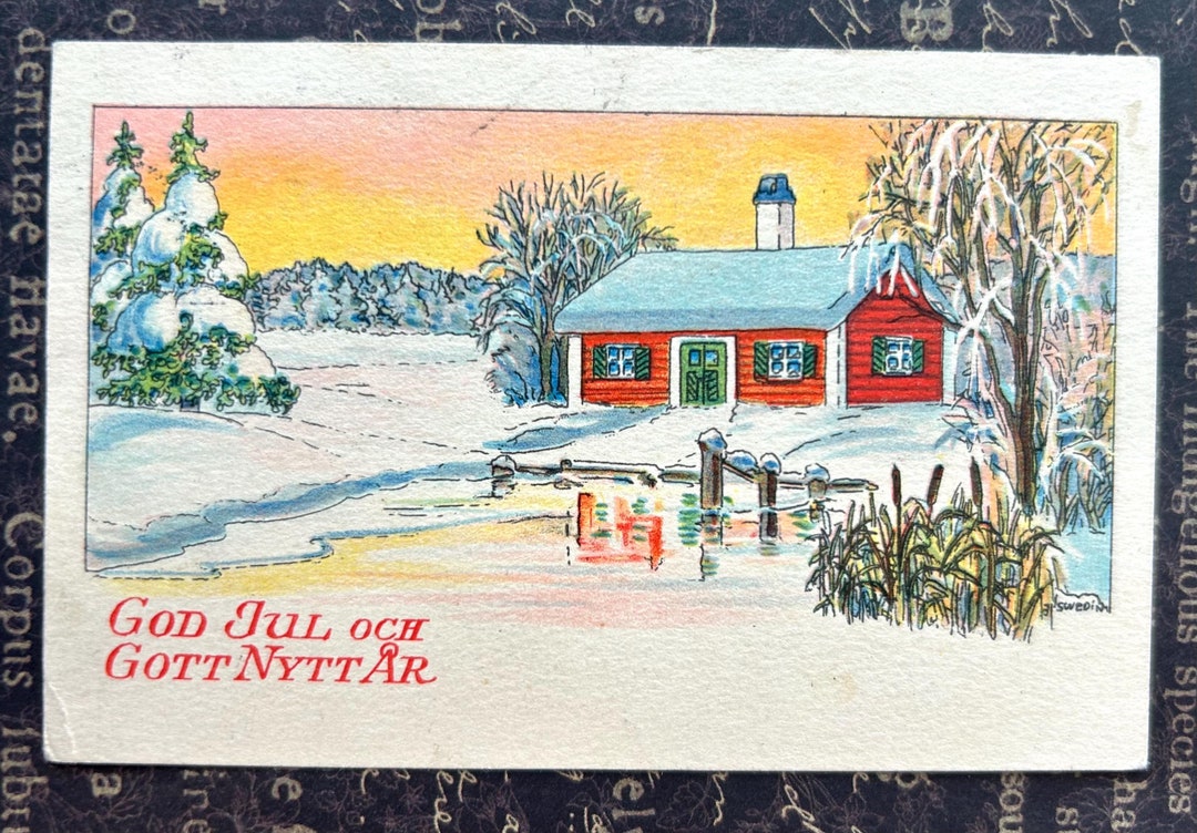 Swedish Christmas Postcard Winter Scene Red Cottage Stuga Artist Signed ...