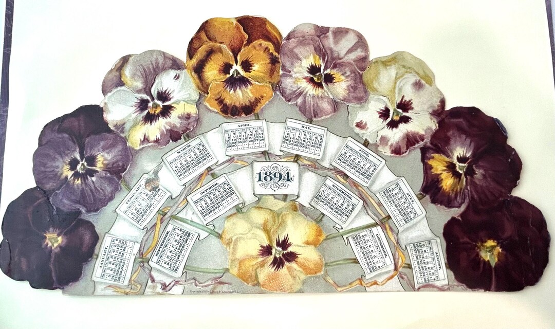 Antique Pansy Calendar Die Cut Fan Stand up Pansies Purple Flowers by ...