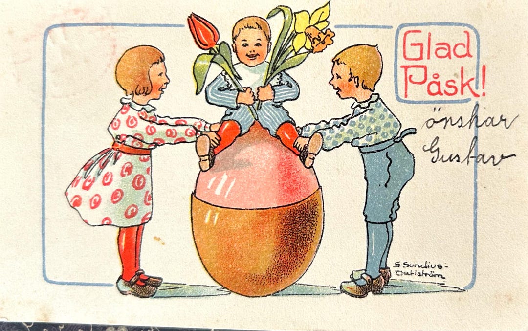 Swedish Easter Postcard Children With Giant Egg Flowers Artist Signed ...