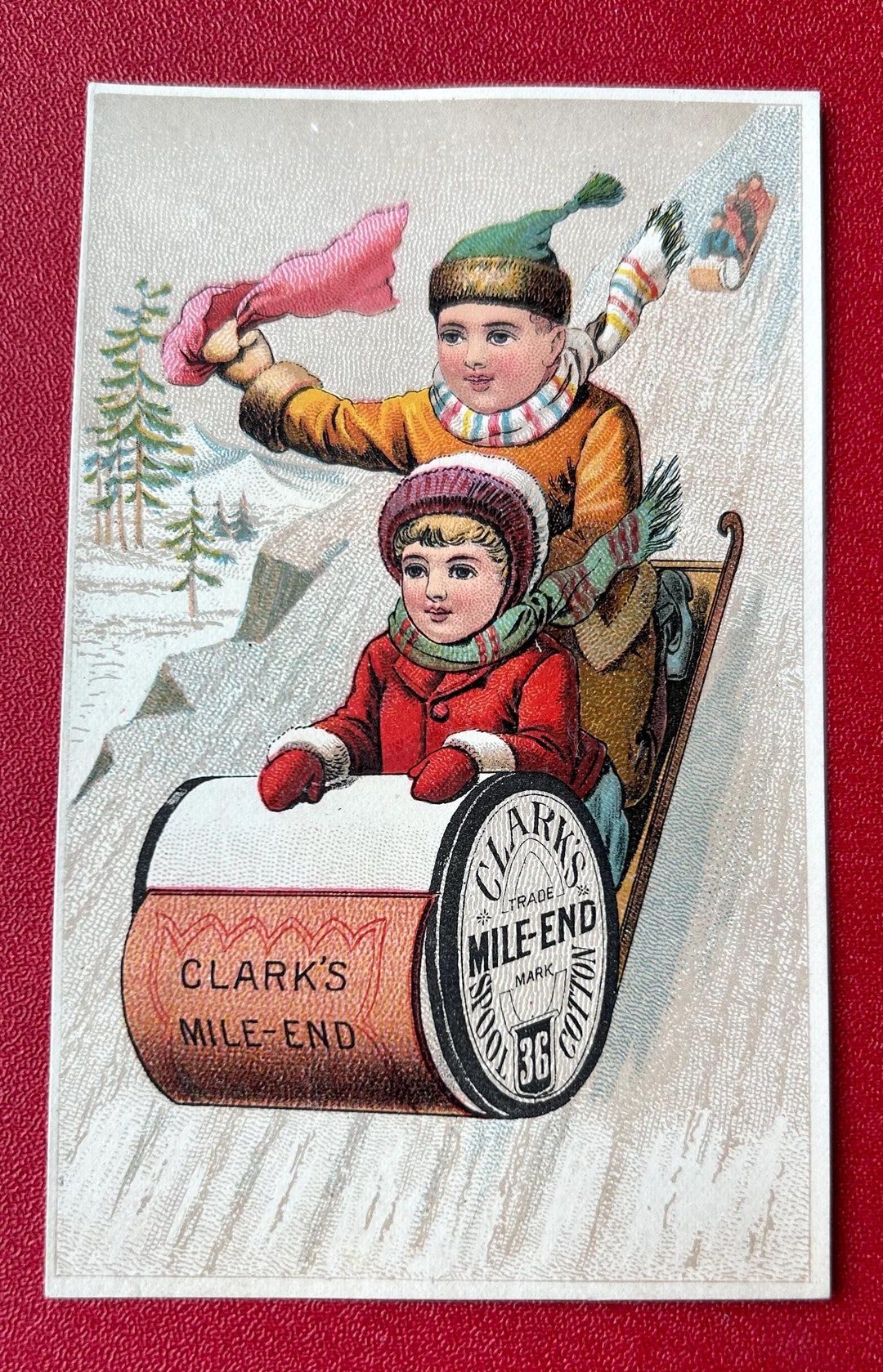 Victorian Trade Card Clark's Thread Children Sledding Toboggan Vintage ...
