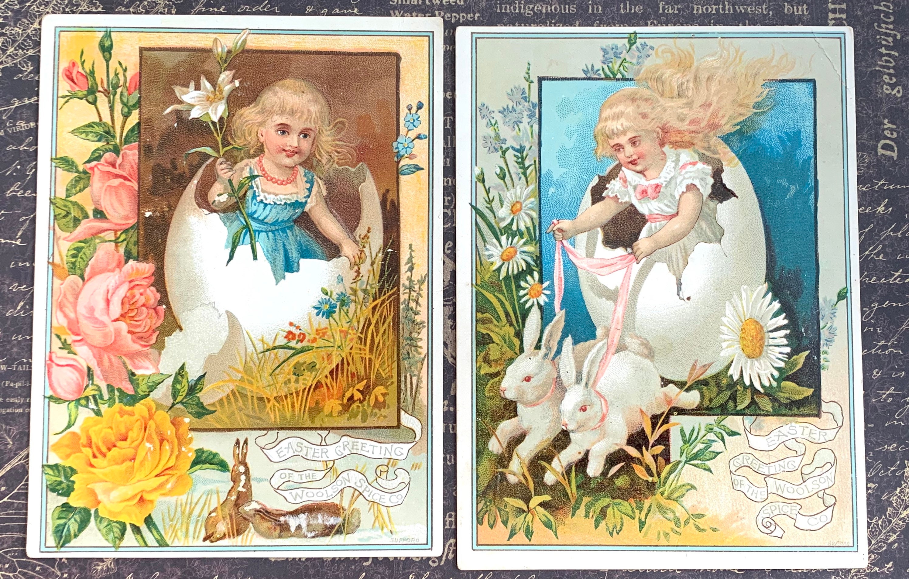 Large Easter Victorian Trade Cards Woolson Spice Girl Driving Easter ...