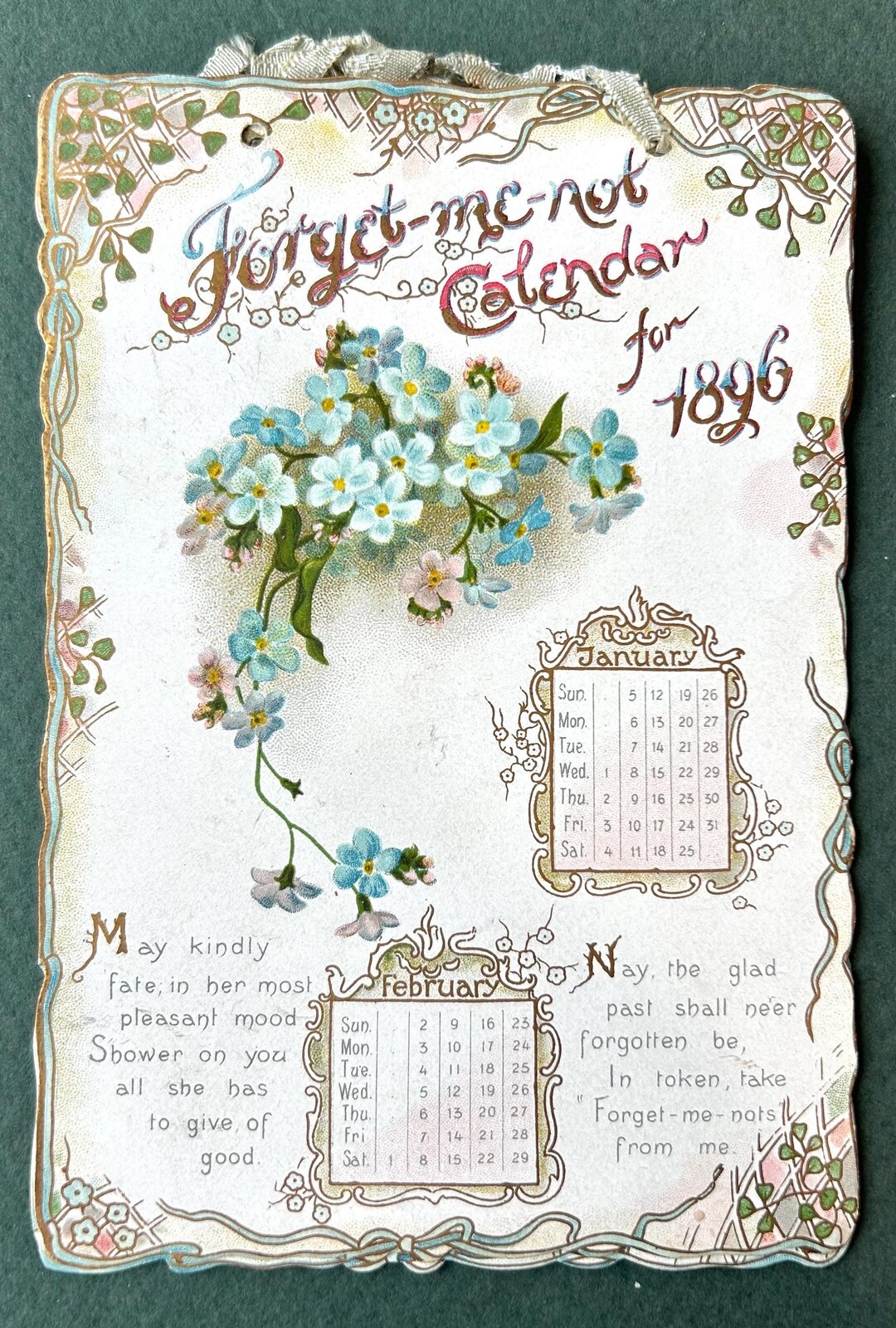 Antique Forget Me Not Calendar With Verse Six Panels Printed in Bavaria ...