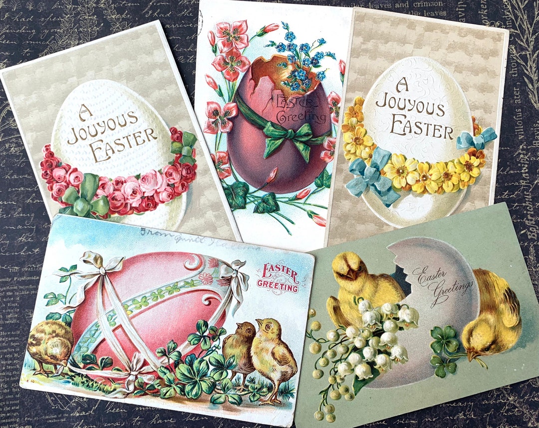 Antique Easter Postcards Chicks Giant Eggs Roses Flowers Printed in ...