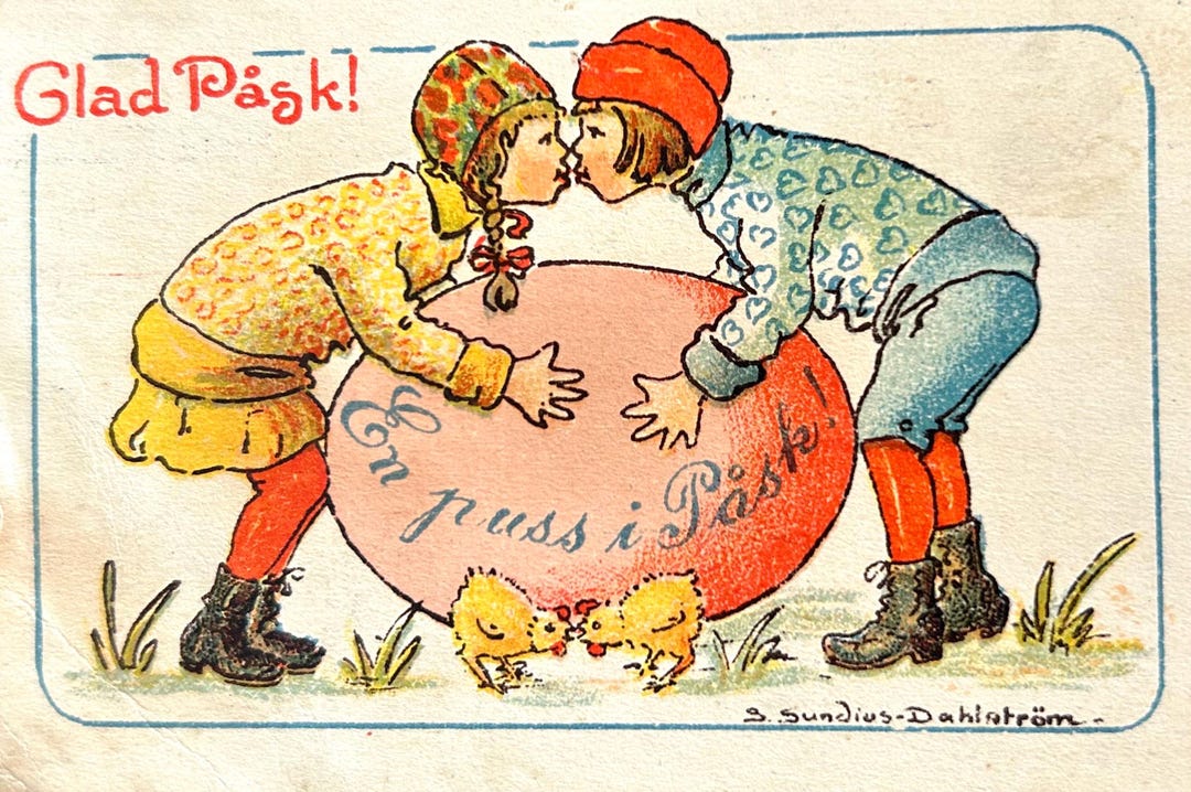 Swedish Easter Postcard Folk Children Giant Egg Chick Artist Dahlstrom ...