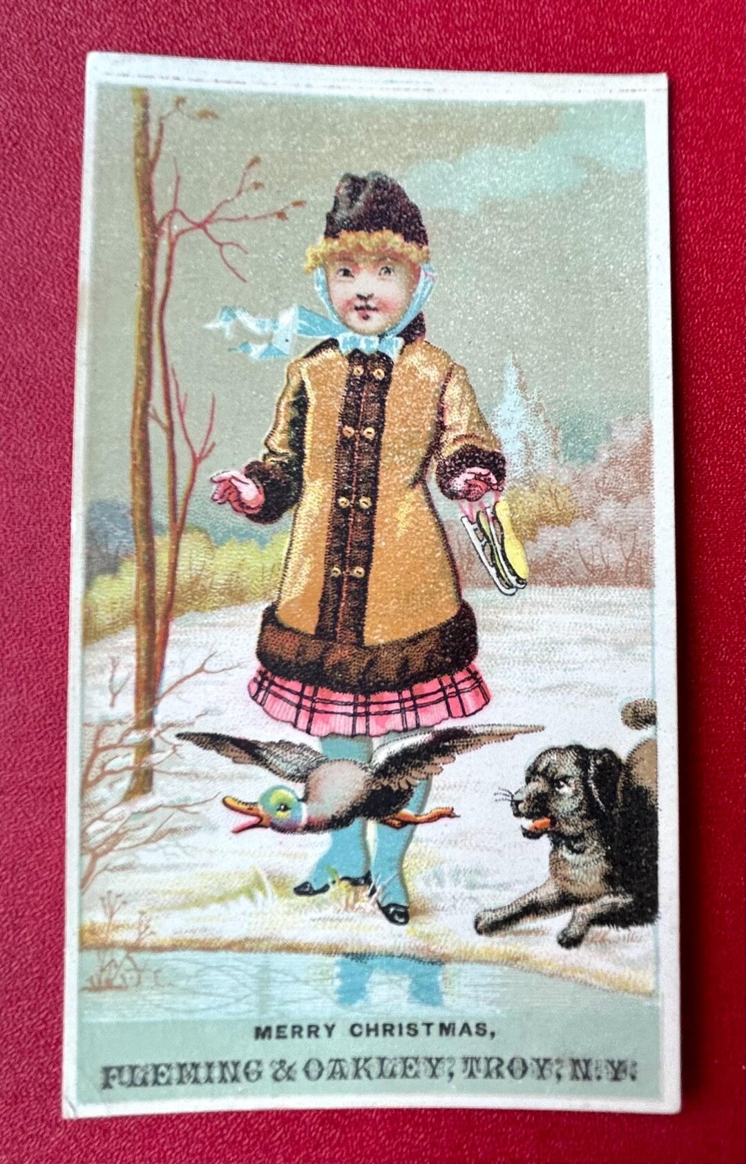 Victorian Trade Card Girl Skating With Bird Dog Fleming & Oakley Troy ...