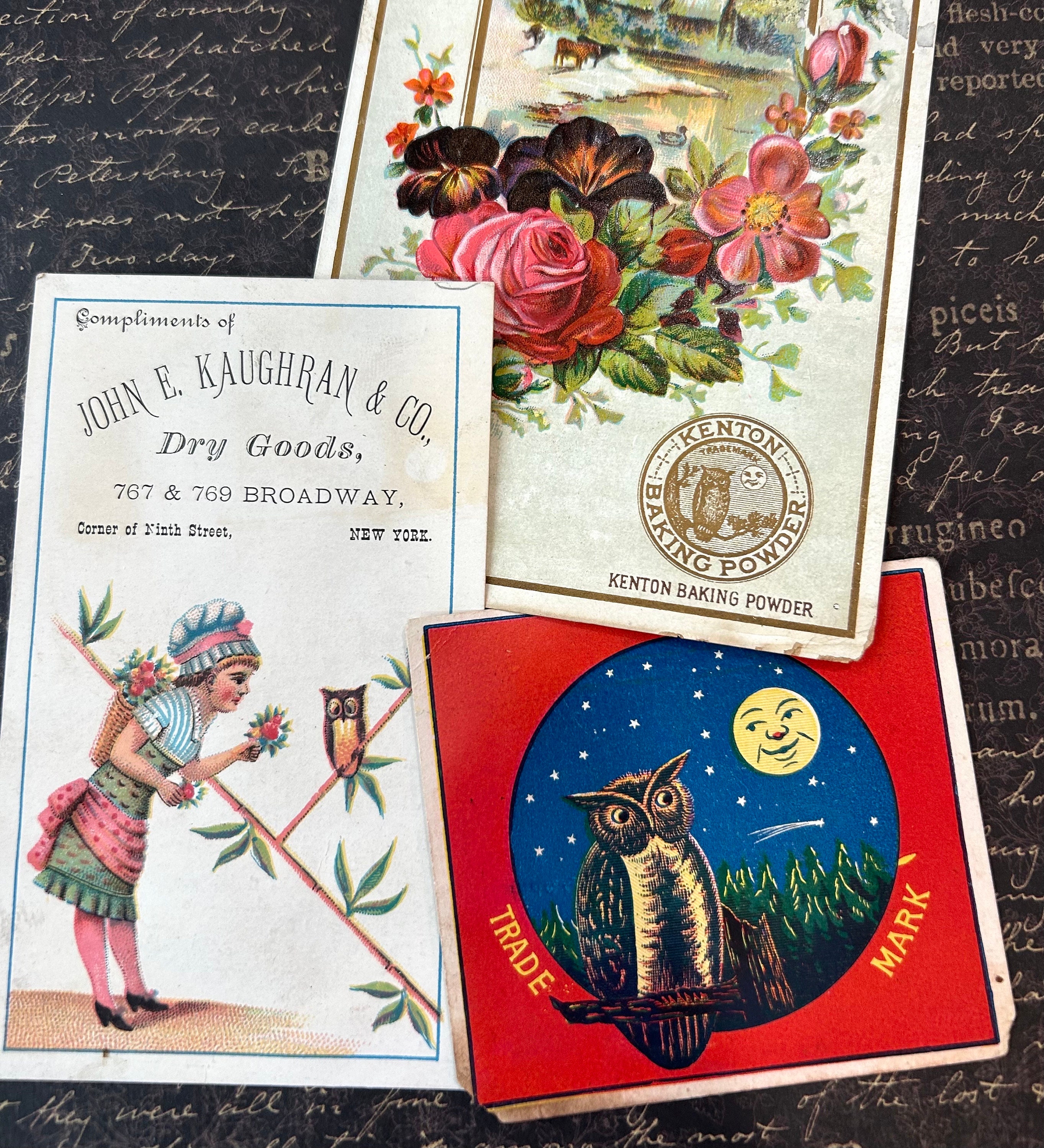 Victorian Trade Cards With Owls Kaughran Dry Goods Kenton Baking Powder ...
