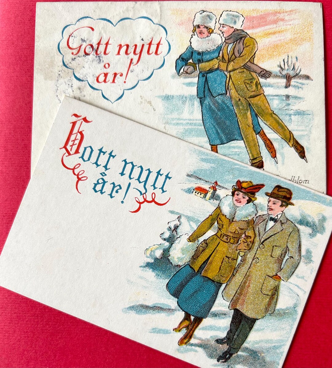 Swedish Christmas Postcards Girl Couple Skating Walking to Church ...