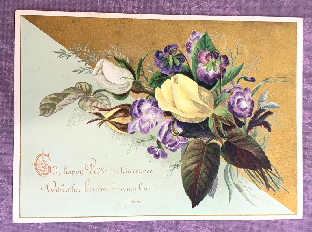 Victorian Card With Robert Herrick Verse Poetry Yellow Roses Violets by ...