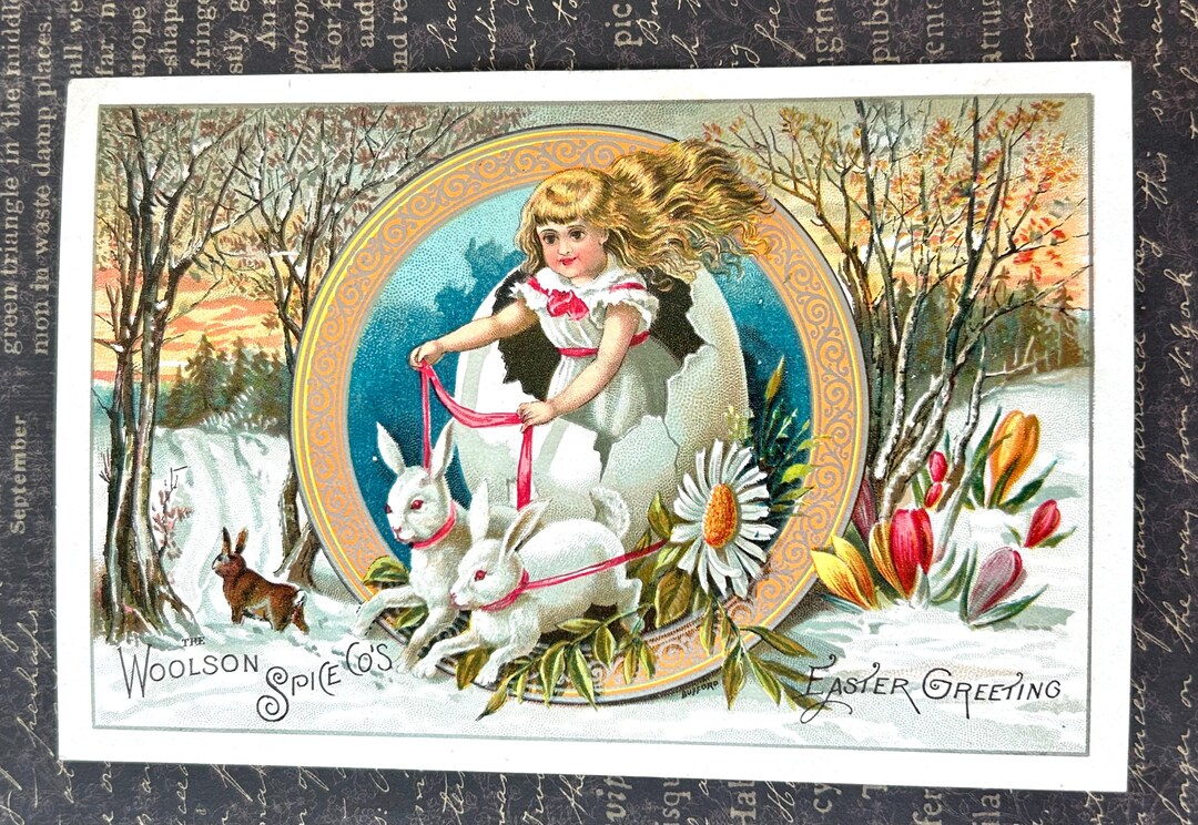 Victorian Easter Trade Card Lion Coffee Woolson Spice Girl With Bunny ...