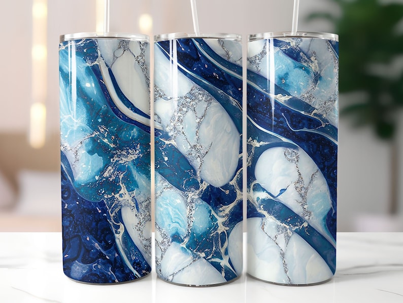 Blue Marble Tumbler Wrap: Silver Veins, Seamless Design (digital ...