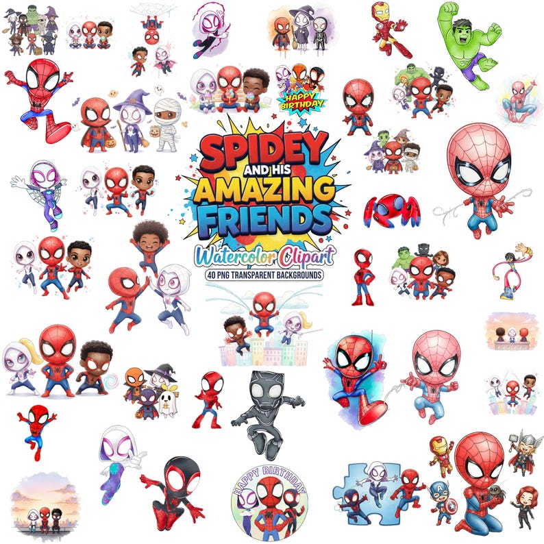 40 Spidey Watercolor PNG Clipart Bundle | Spidey and His Amazing ...