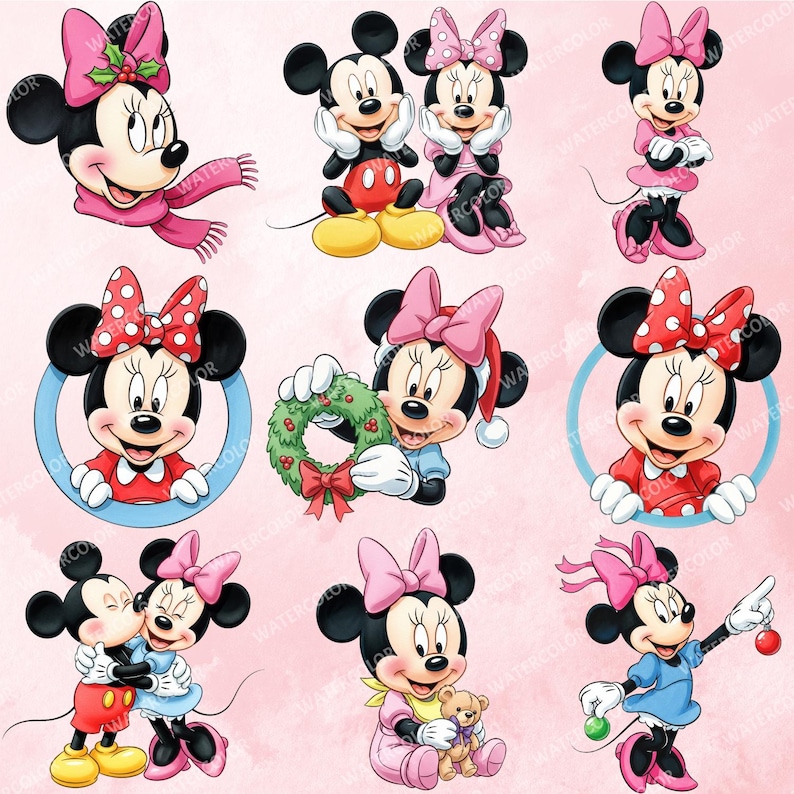 Minnie Cartoon Mouse Watercolor PNG | Minnie Clipart Bundle, Mouse ...