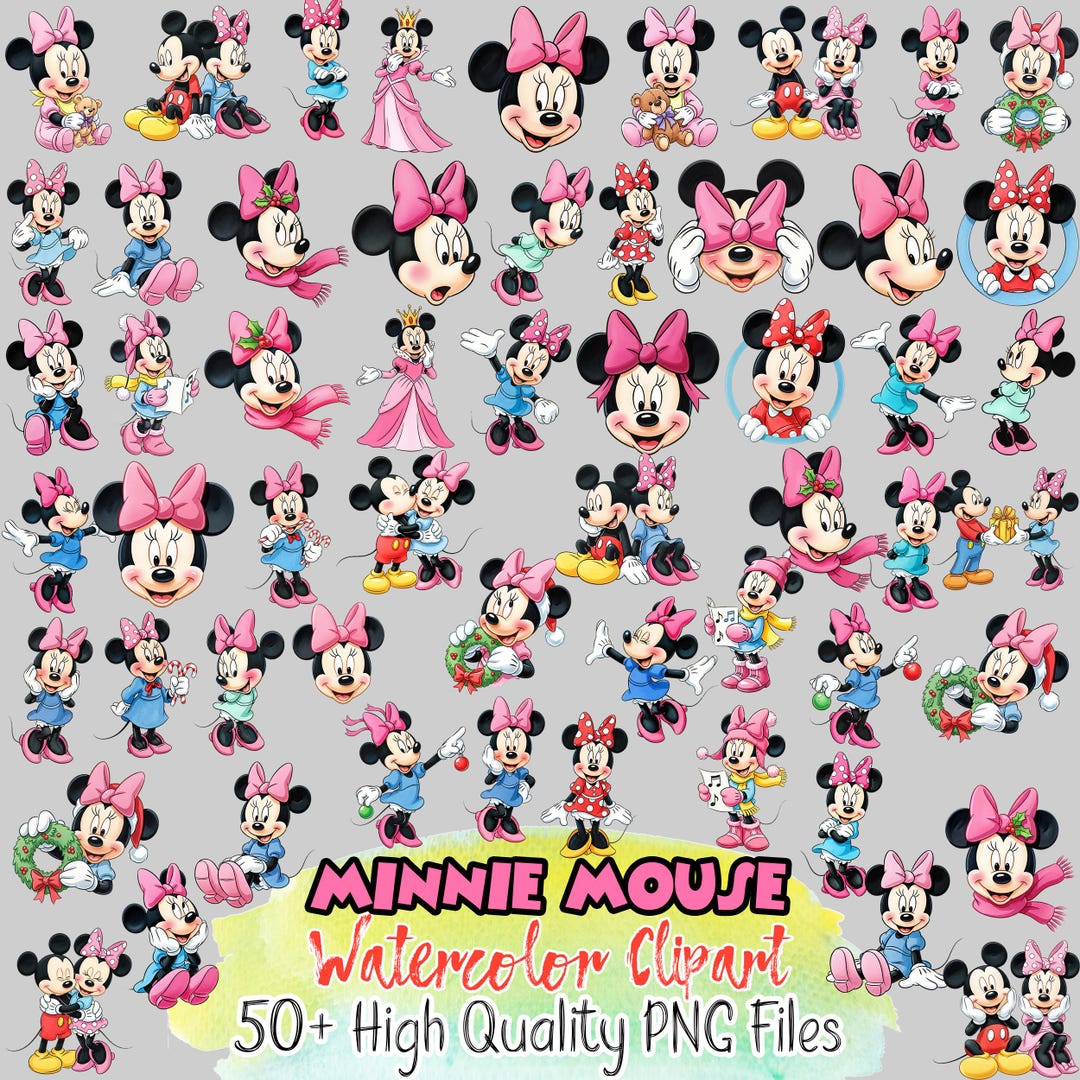 Minnie Cartoon Mouse Watercolor PNG | Minnie Clipart Bundle, Mouse ...