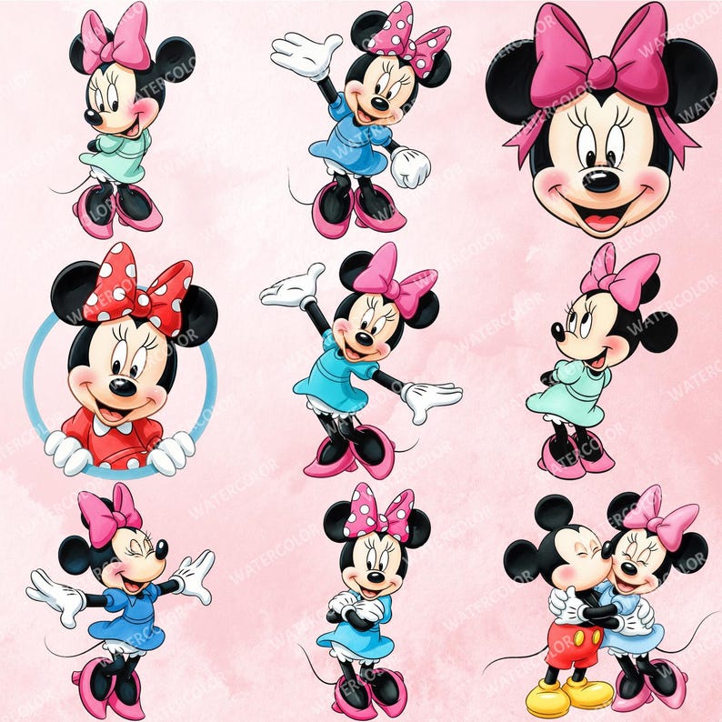 Minnie Cartoon Mouse Watercolor PNG | Minnie Clipart Bundle, Mouse ...