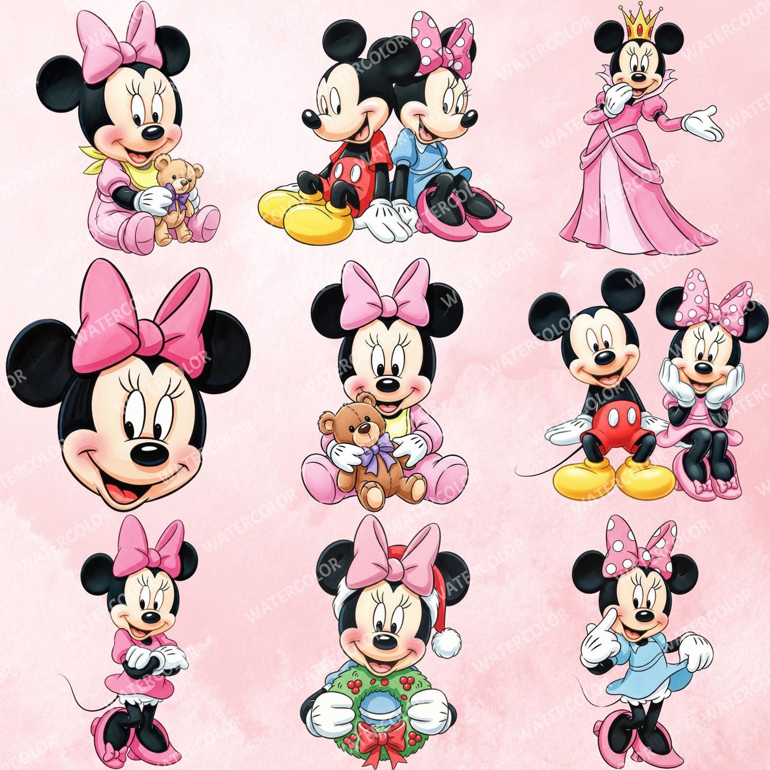 Minnie Cartoon Mouse Watercolor PNG | Minnie Clipart Bundle, Mouse ...