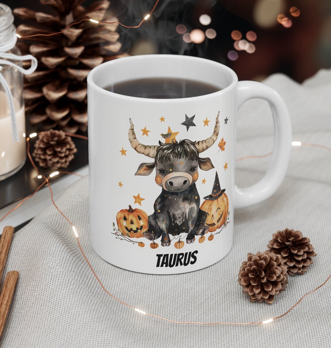 Charming Taurus Zodiac Bull With Halloween Pumpkins and Bats Whimsical ...