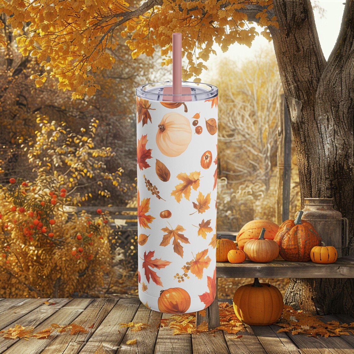 Autumn Leaves Design Tumbler With Straw, Insulated 20oz Stainless Steel ...
