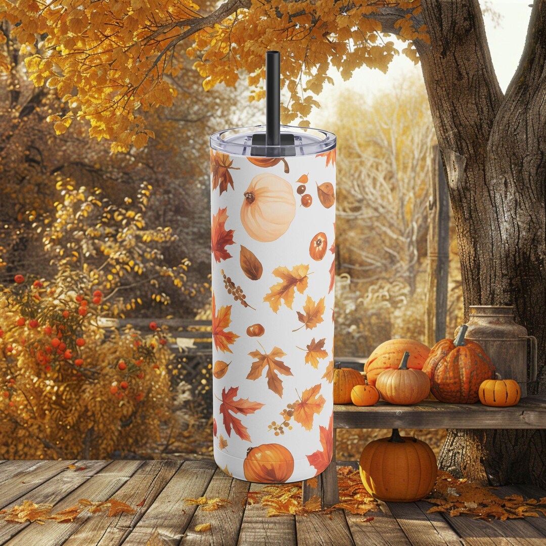 Autumn Leaves Design Tumbler With Straw, Insulated 20oz Stainless Steel ...