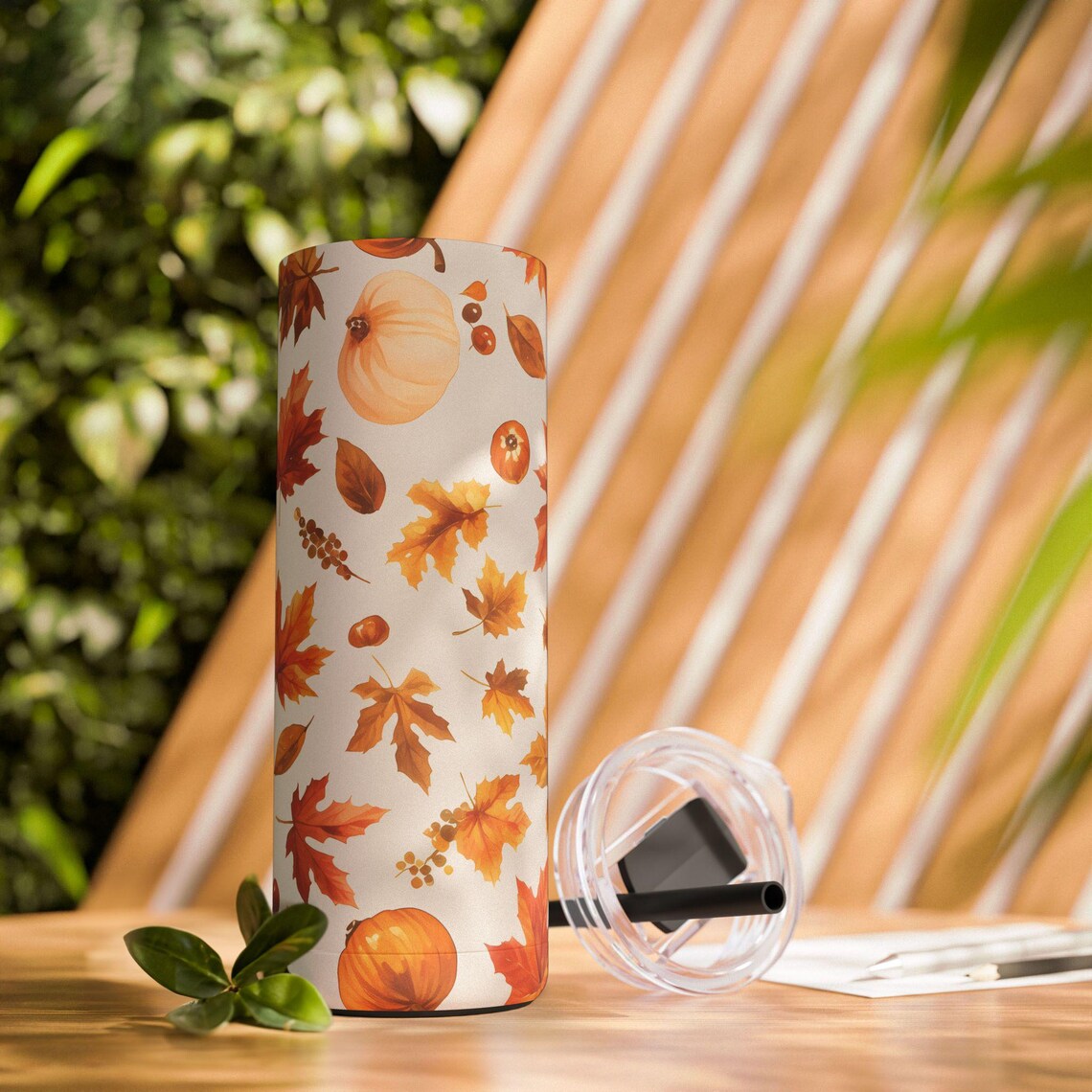 Autumn Leaves Design Tumbler With Straw, Insulated 20oz Stainless Steel ...