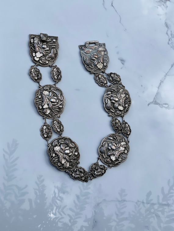 Antique Chinese Silver Plated Copper Belt with Lotus … - Gem