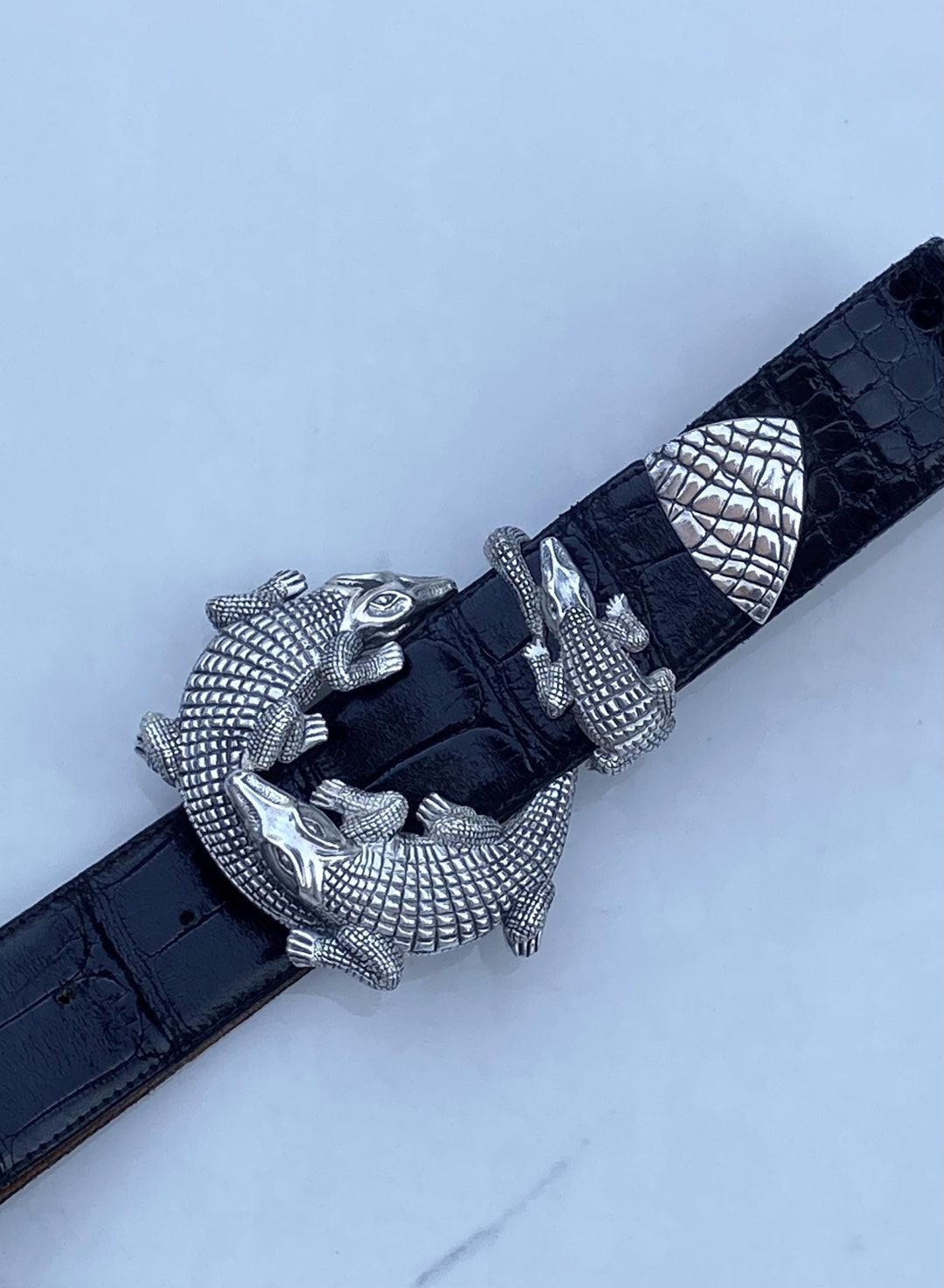 Jeff Deegan 1.5" Alligator Buckle Set on a Black Alligator Print Strap ...