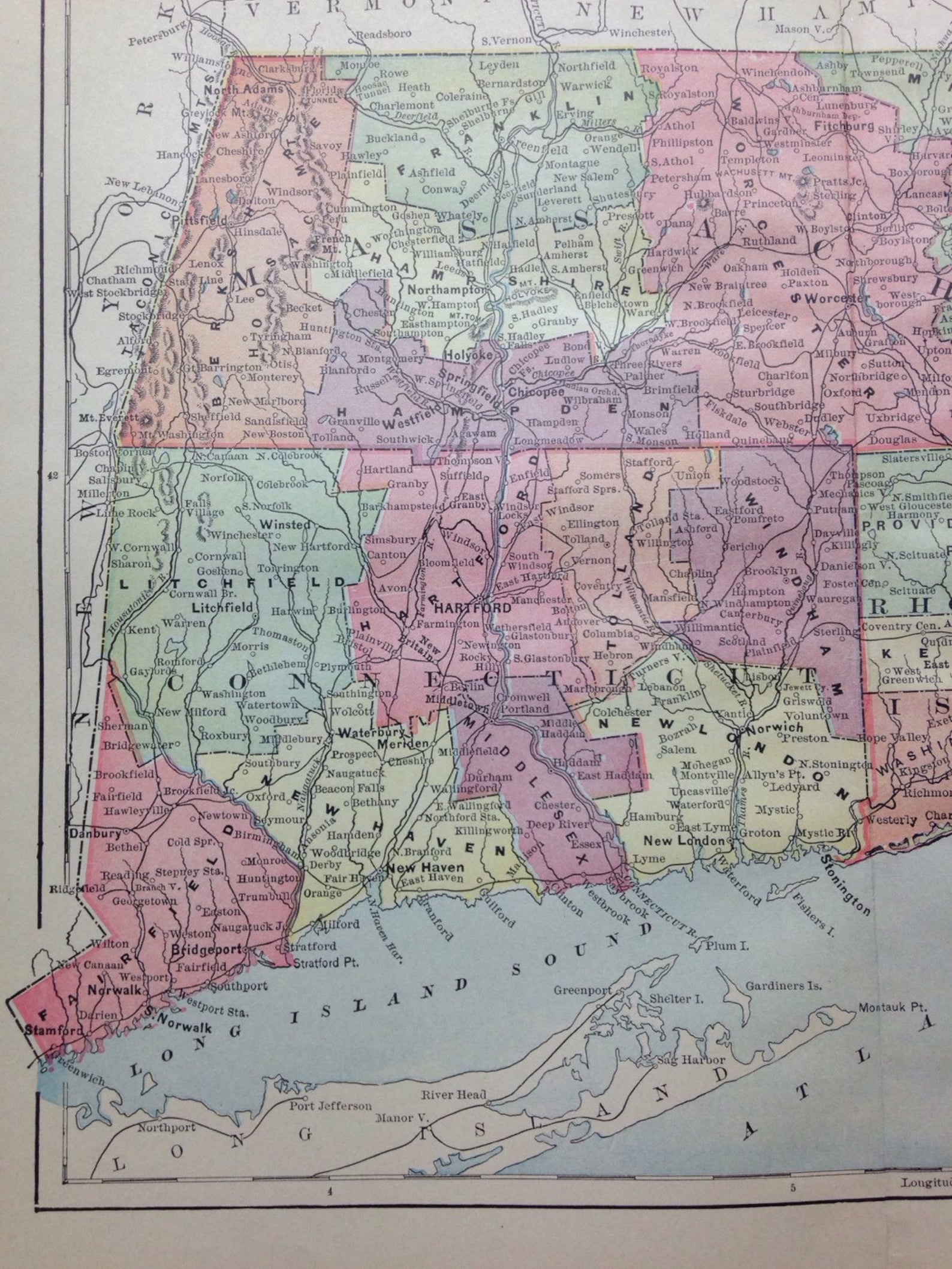 1897 Map of Massachusetts, Connecticut, Rhode Island nantucket, Martha ...