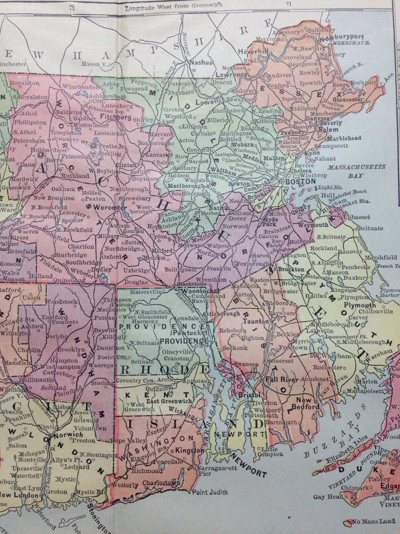 1897 Map of Massachusetts, Connecticut, Rhode Island (nantucket, Martha ...