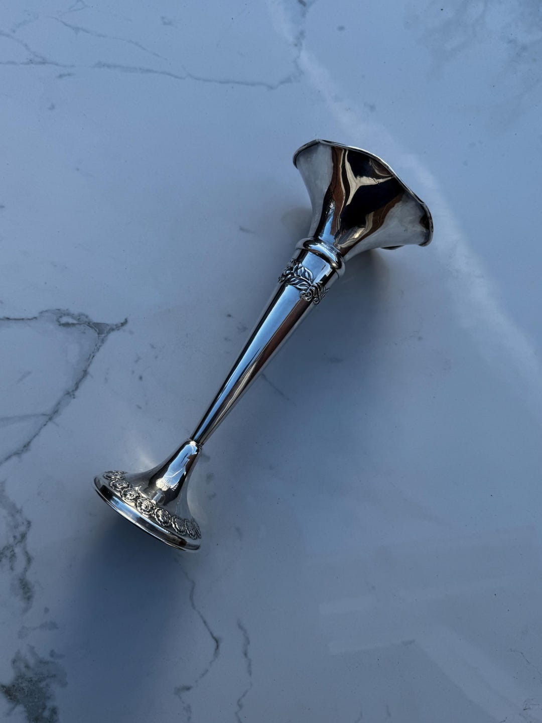 C. 1970 Israeli 835 Silver Embossed Trumpet Vase – Ruffled Rim & Rose ...