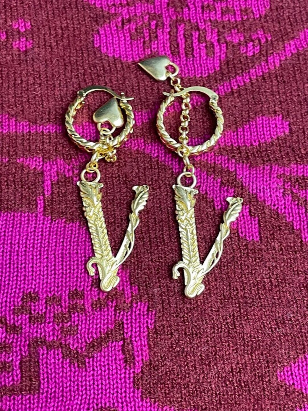 Vintage Versace Gold Plated Classic V Logo Dangle Earrings Retro Estate ...
