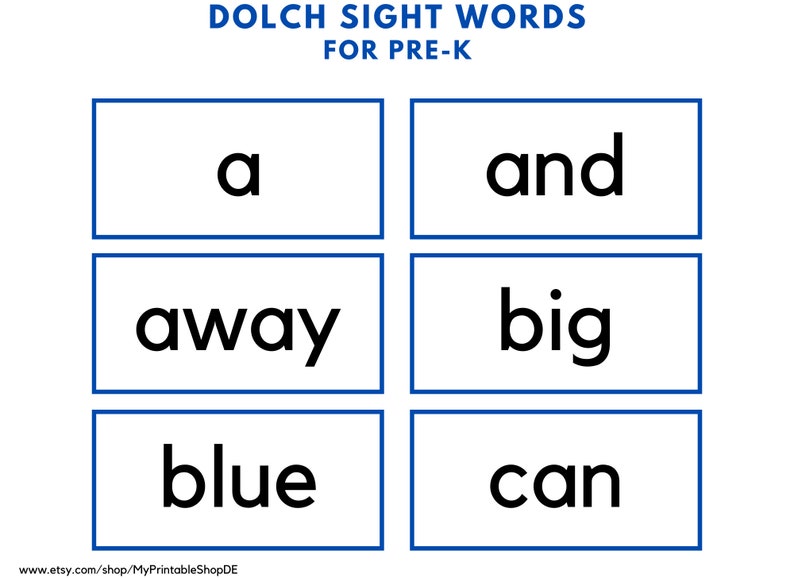 40 Printable Dolch Pre-kindergarten Sight Word Flashcards - Etsy