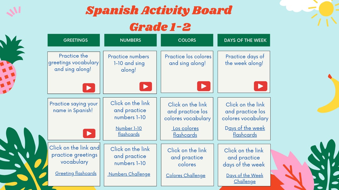 Spanish Activity Digital Choice Board Grade 1 & 2 - Etsy
